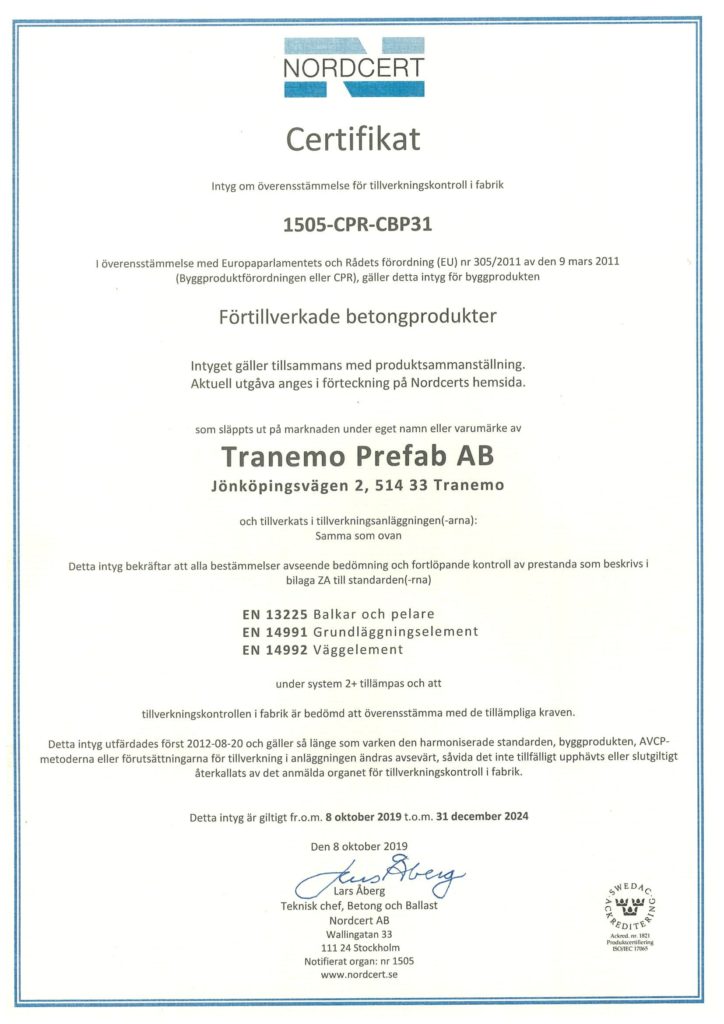 Certifikat - Tranemo Prefab AB
